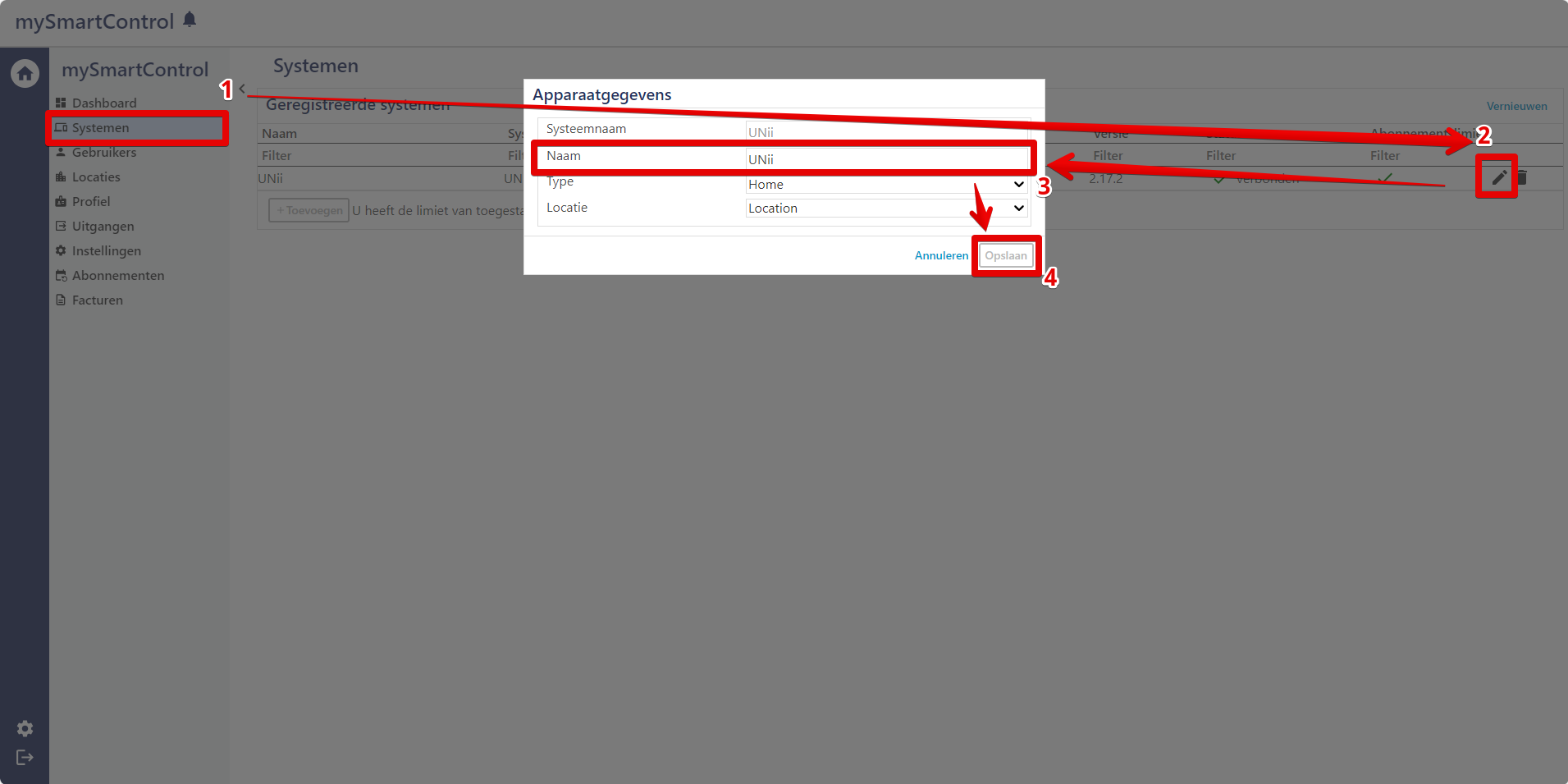 Naam van een systeem aanpassen in de app – mySmartControl Helpdesk